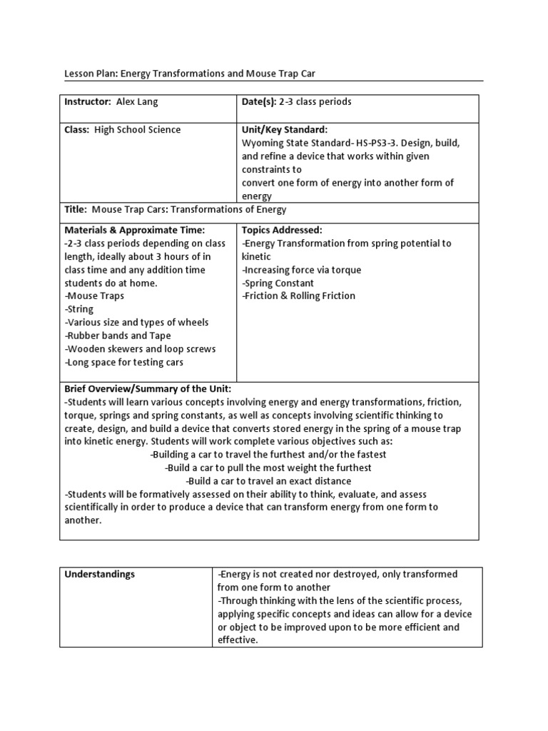 Mouse Trap Car Lesson Plan | PDF | Kinetic Energy | Differentiated ...