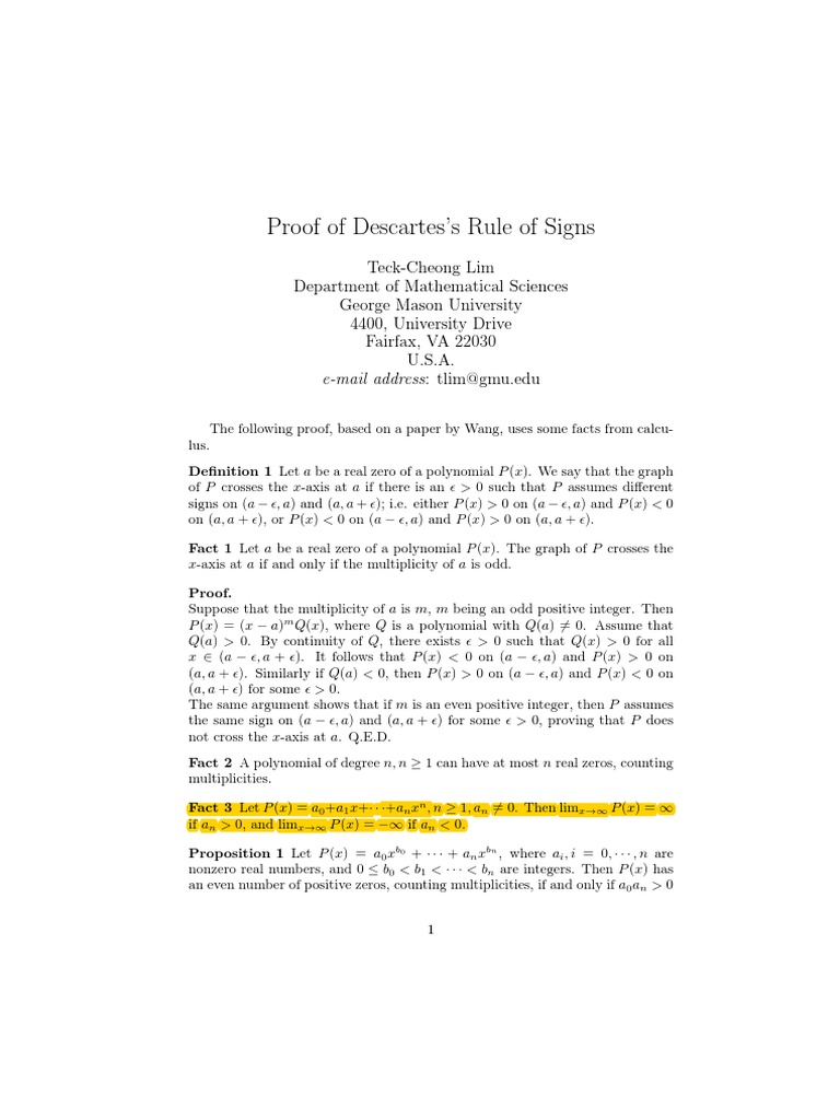 Proof of Descartes' Rule of Signs | PDF | Integer | Theorem