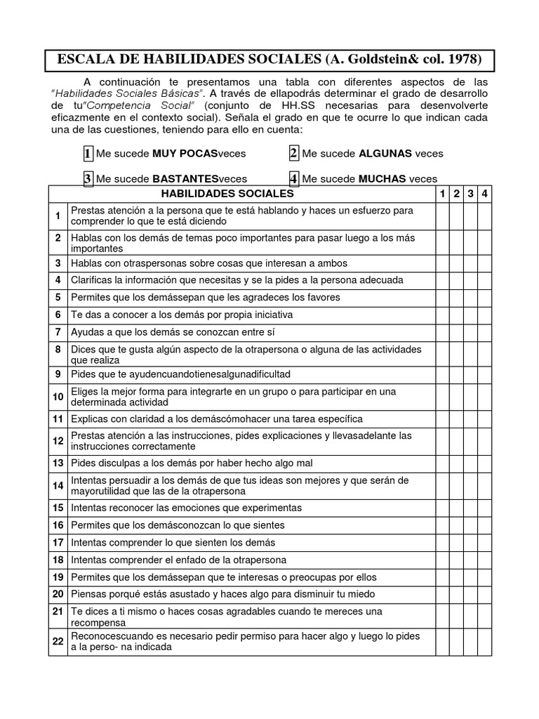 ESCALA DE HABILIDADES SOCIALES (A. Goldstein& col. 1978) | Sicología y ...