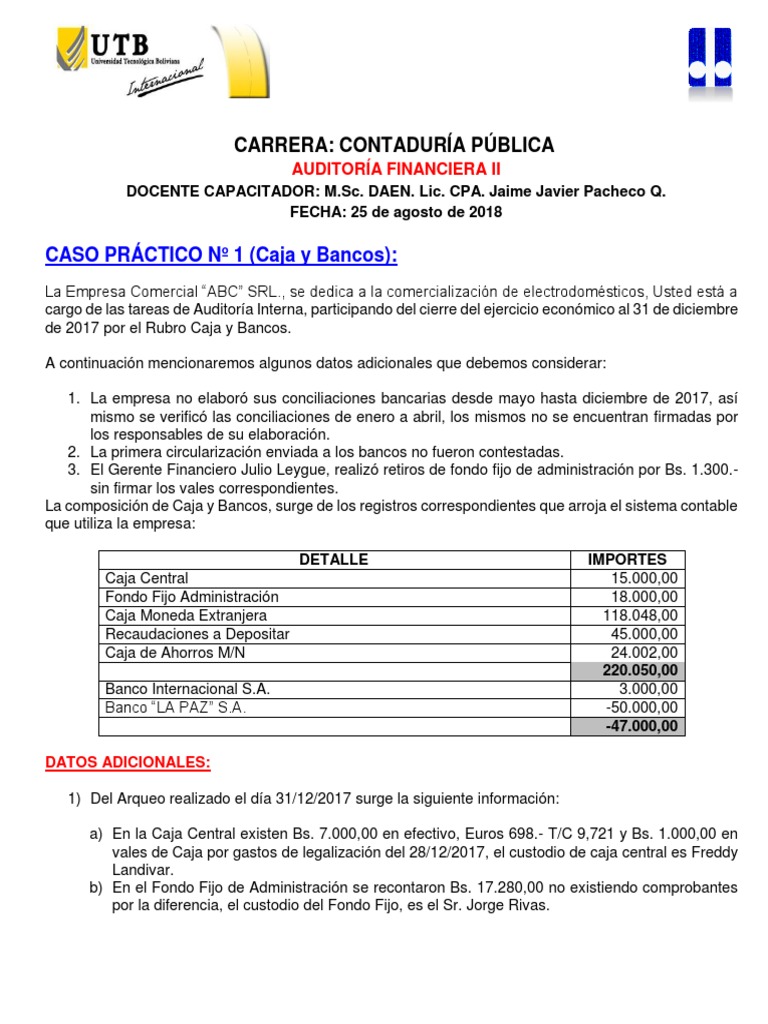 CASO PRÁCTICO - CAJA Y BANCOS - AUDITORÍA FINANCIERA-II-2018-planteamiento PDF | PDF | Bancos ...