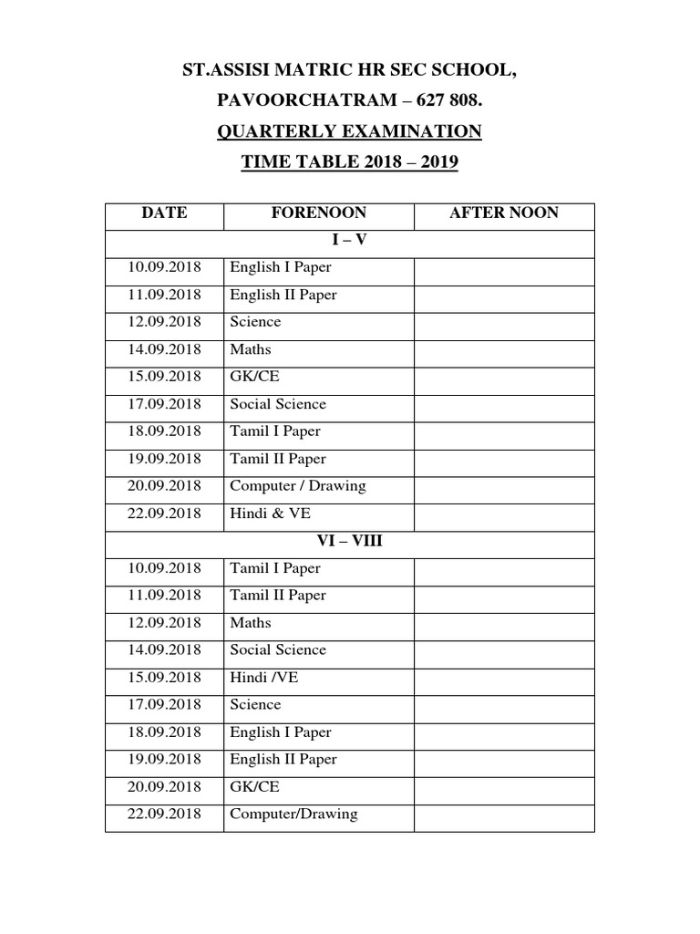 Quarterly Exam Timetable 2018-19 | PDF | Science | Science And Technology