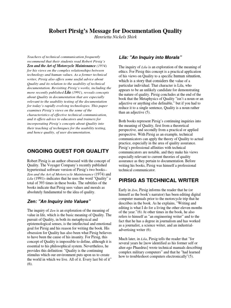 Robert Pirsig's Message For Documentation Quality: Lila: "An Inquiry ...