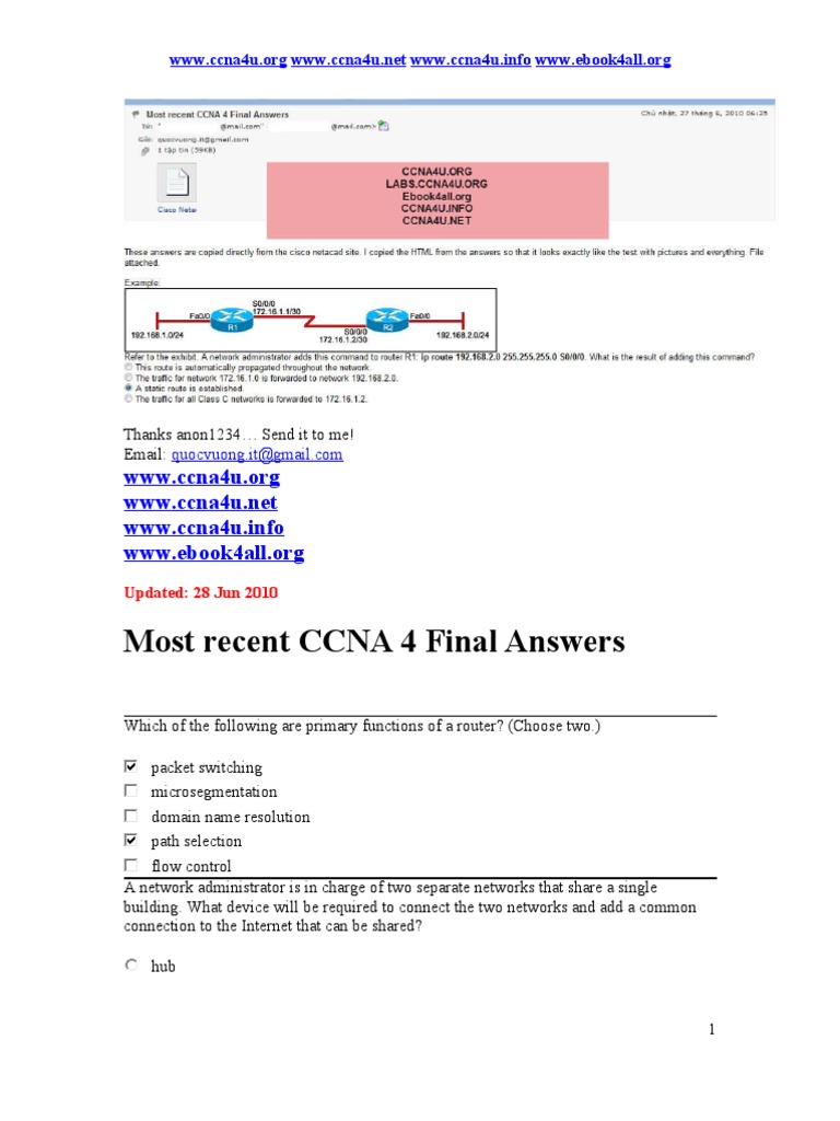 Most Recent Ccna 4 Final Answers Pdf Routing Router Computing