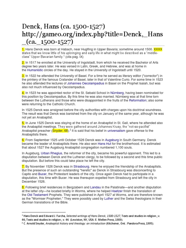 Denck, Hans (Ca. 1500-1527) - (Ca. - 1500-1527) : Humanistic | PDF ...