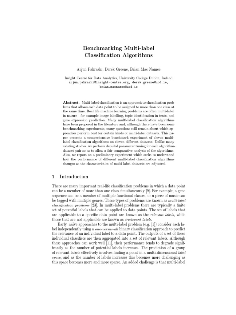 Benchmarking Multi-Label Classification Algorithms | PDF | Statistical ...