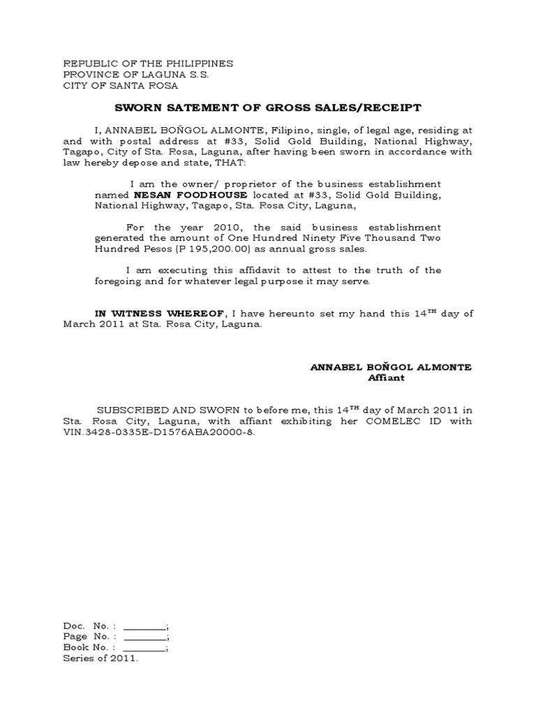 Sworn Statement Gross Sales | PDF | Legal Communication | Affidavit Sworn Statement Gross Sales | PDF | Legal Communication | Affidavit