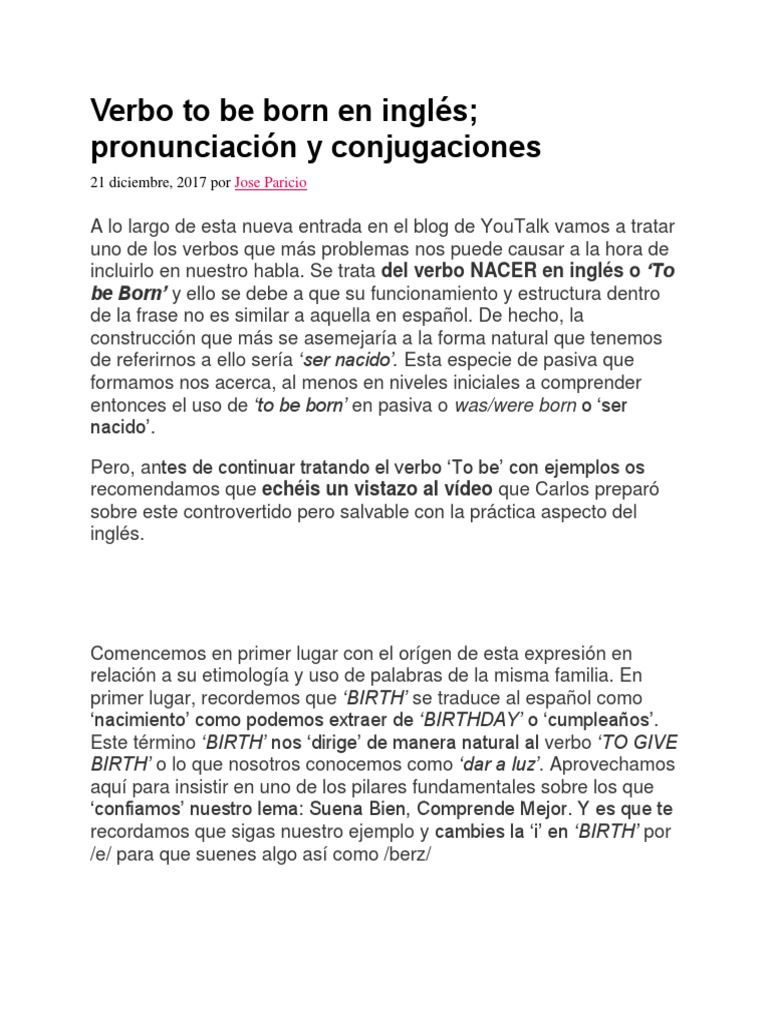 Conjugación y uso de "to be born" | PDF | Verbo | Ciencia cognitiva