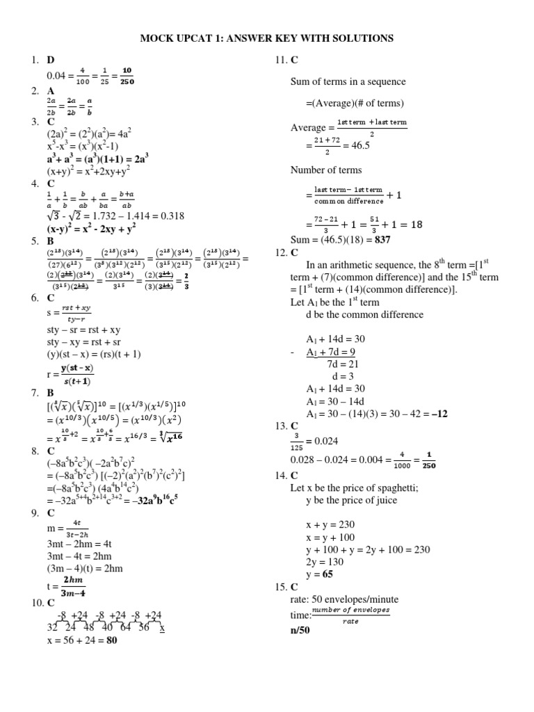 Mock Upcat 1: Answer Key With Solutions | PDF | Rectangle | Triangle