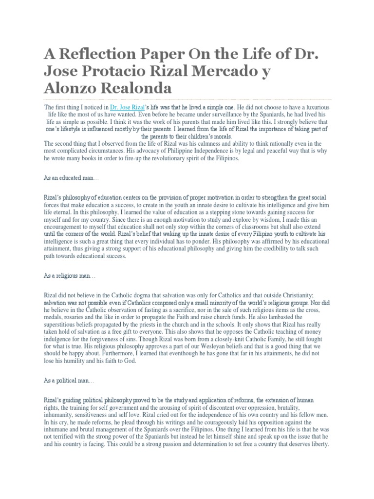 A Reflection Paper On The Life of Dr. Jose Rizal | PDF | Catholic ...