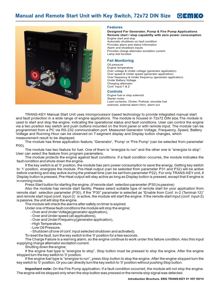 Manual and Remote Start Unit With Key Switch, 72x72 DIN Size | PDF ...