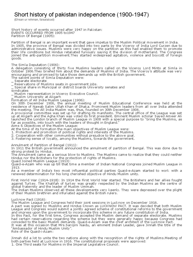 History of Pakistan Independence (1900-1947) | PDF | Partition Of India ...