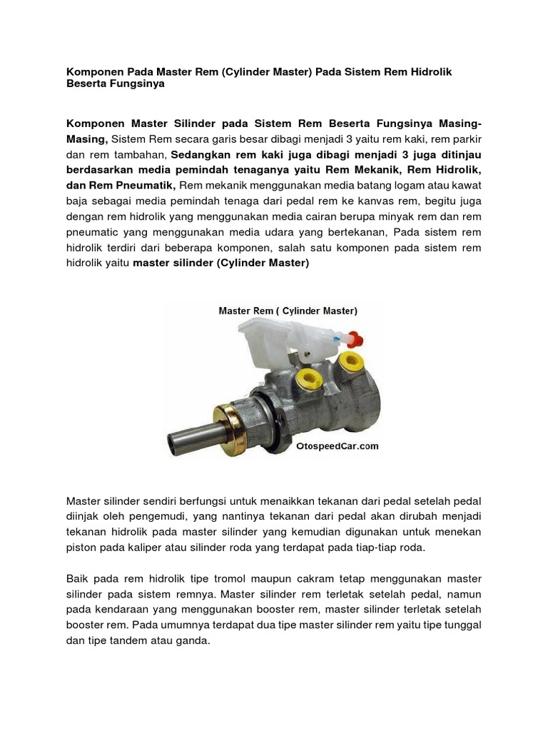 Fungsi Komponen Master Rem | PDF