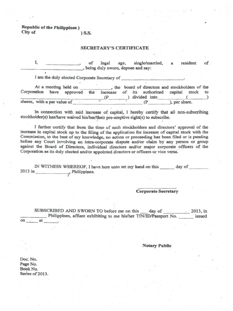 Secretarys Certificate Waiver Pre Emptive Rights | PDF
