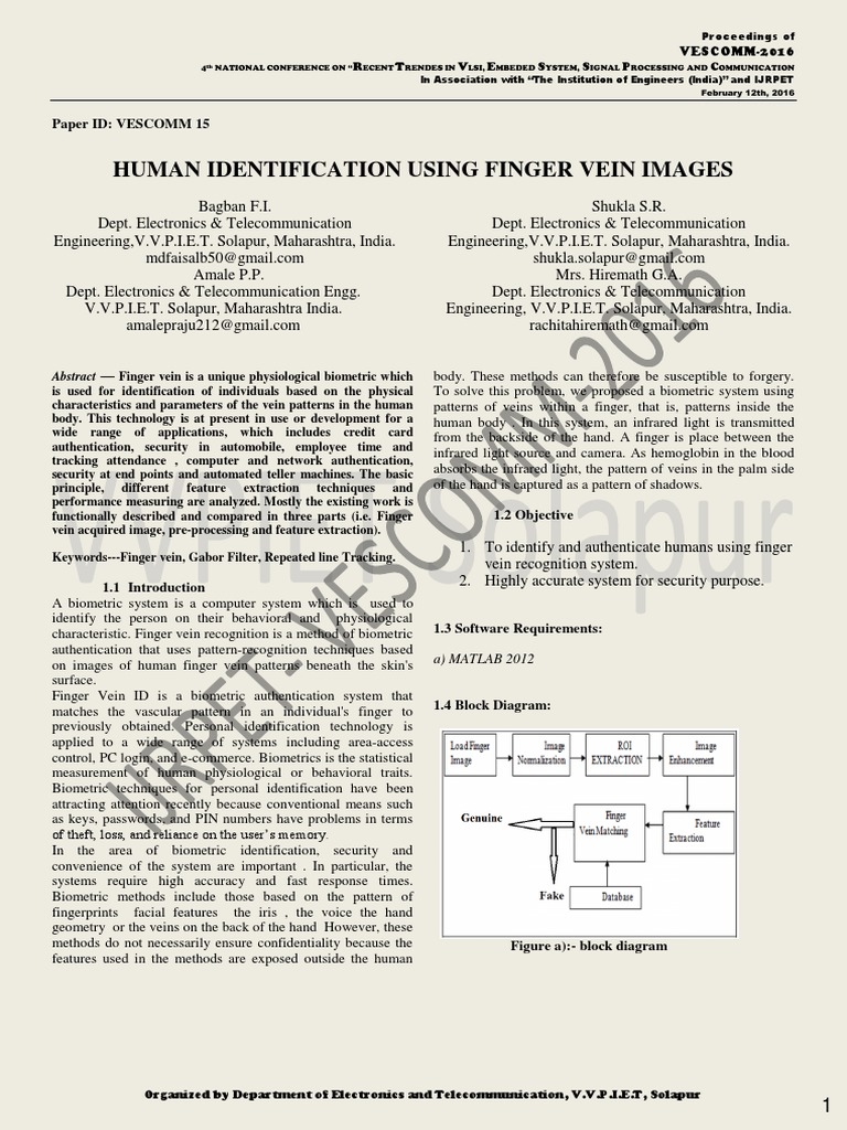 Human Identification Using Finger Vein Images: Paper ID: VESCOMM 15 ...