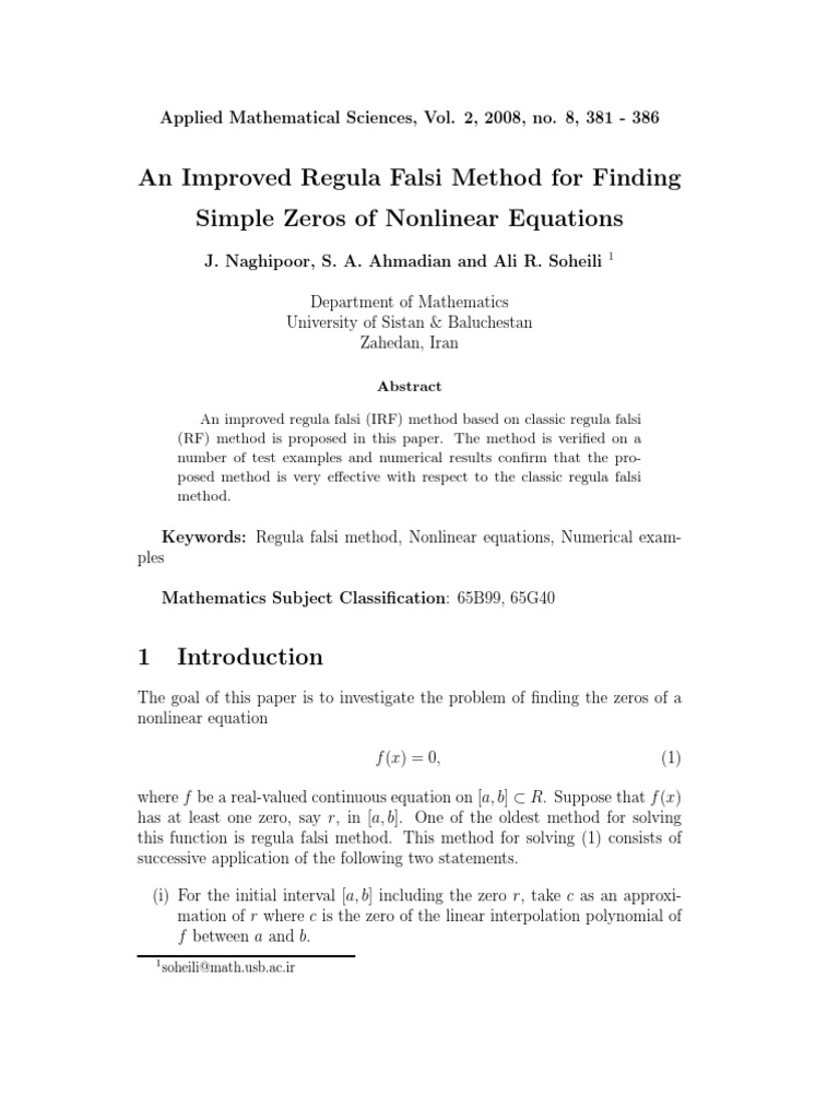An Improved Regula Falsi Method For Finding Simple Zeros of Nonlinear Equations | PDF ...