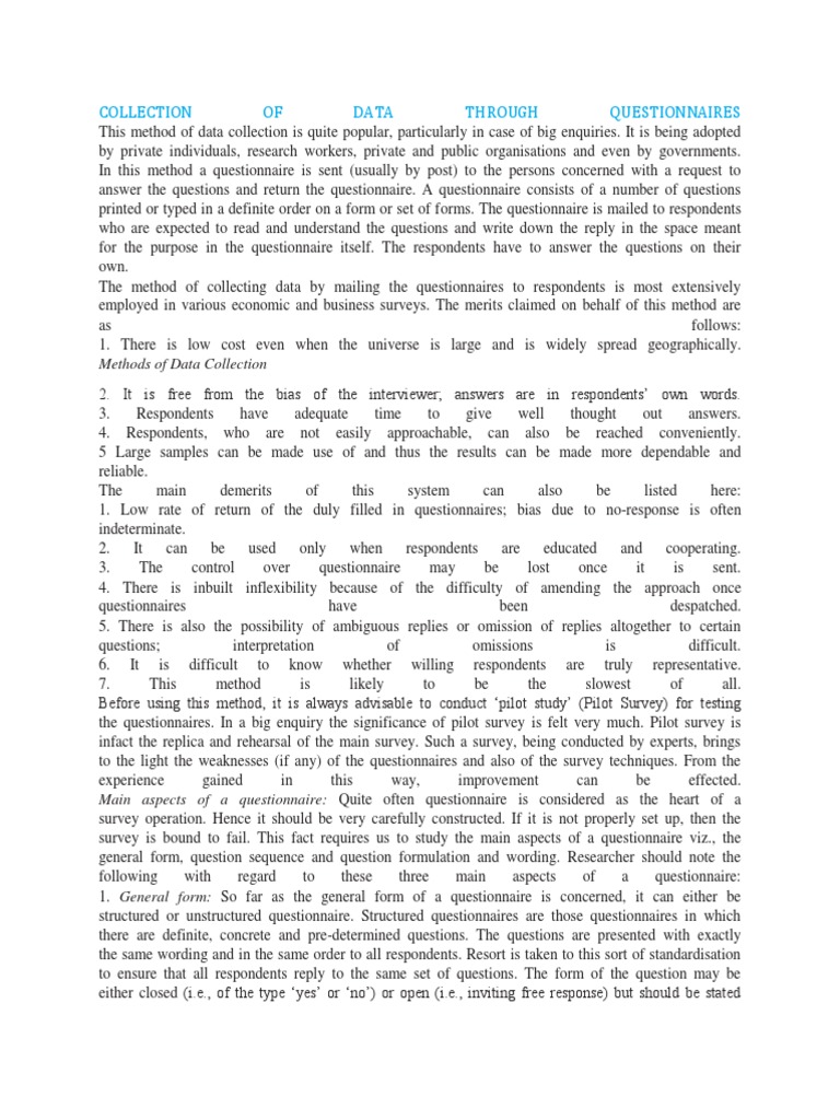 Collection of Data Through Questionnaires | PDF | Questionnaire | Question