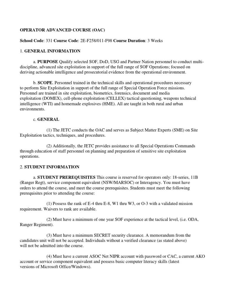 Operator Advanced Course (Oac) School Code: 331 Course Code: 2E-F258 ...
