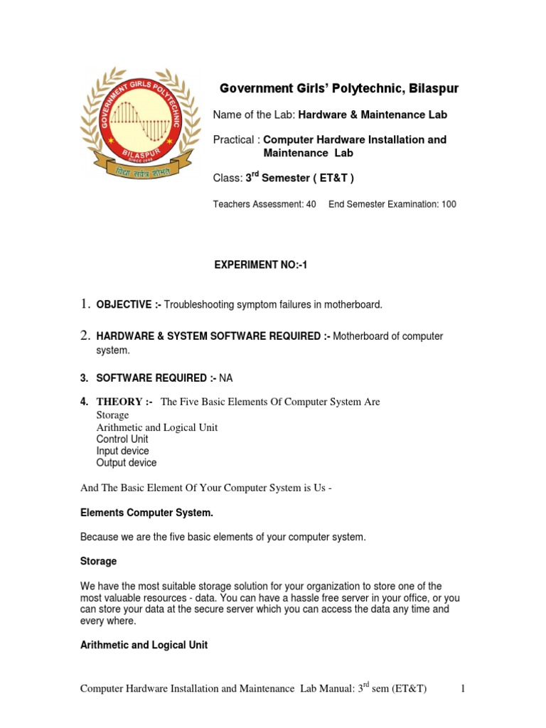 Computer Hardware Installation and Maintenance Lab Manual | PDF | Bios ...