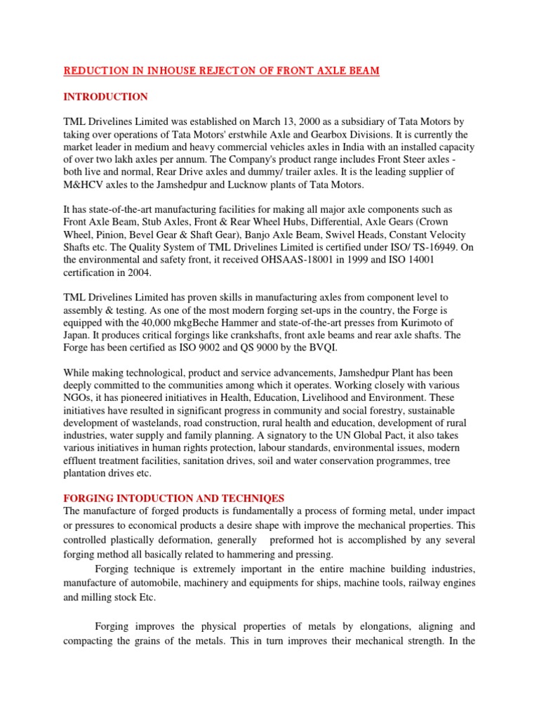 Reduction in Inhouse Rejecton of Front Axle Beam | PDF | Forging | Machines