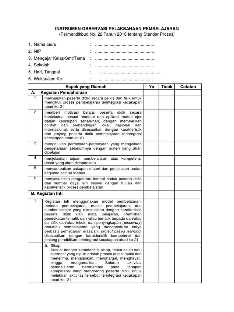Instrumen Observasi Pelaksanaan Pembelajaran | PDF