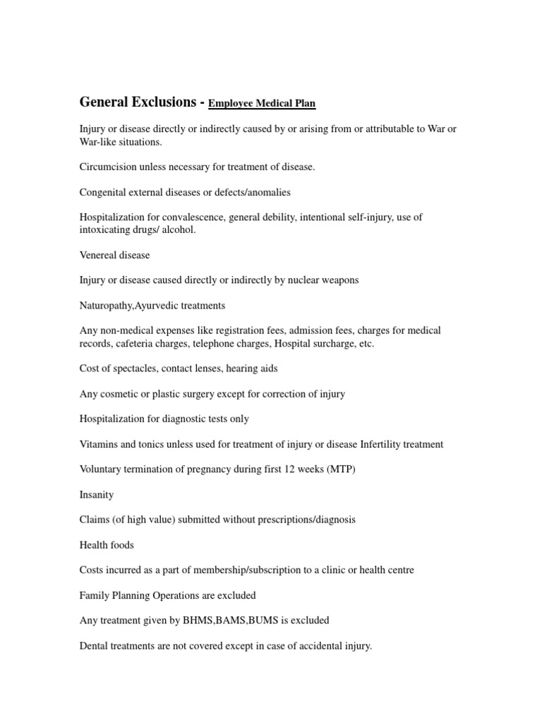 General Exclusions - : Employee Medical Plan | PDF | Hiv/Aids | Medical ...
