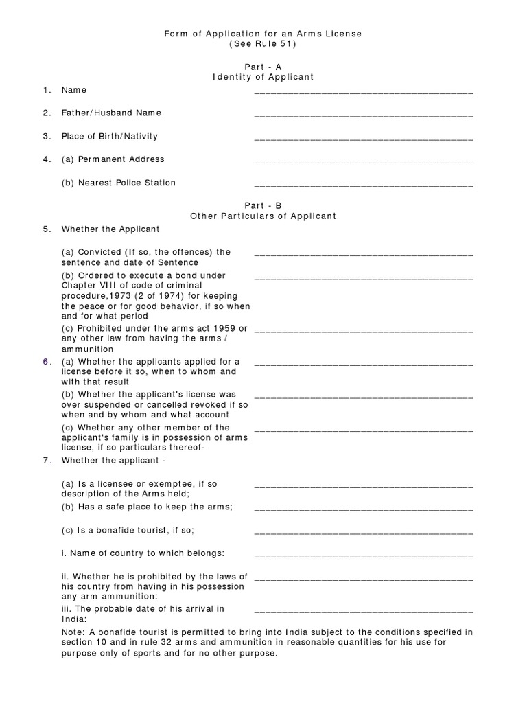 Form of Application For An Arms License (See Rule 51) Part - A Identity ...