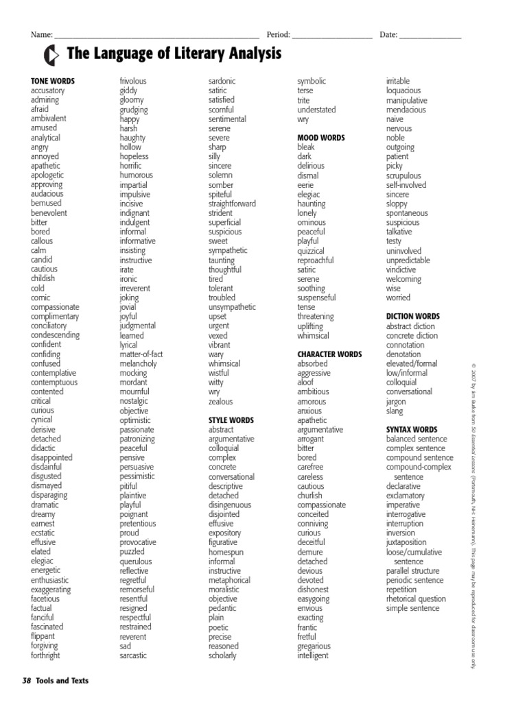 The Language of Literary Analysis: Tone Words | PDF | Writing | Cognition