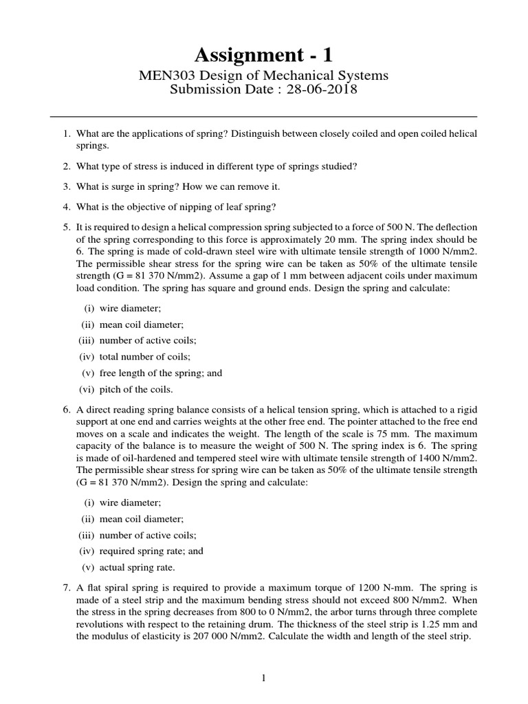 Assignment - 1: MEN303 Design of Mechanical Systems Submission Date: 28-06-2018 | PDF | Strength ...