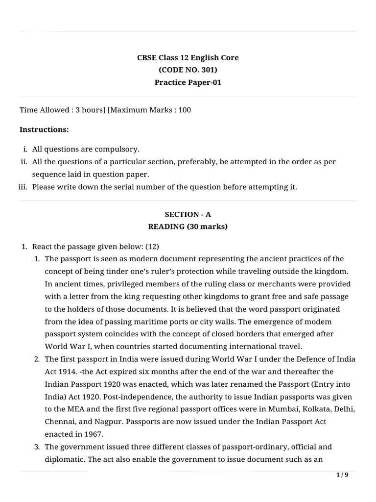 CBSE Class 12 English Core (CODE NO. 301) Practice Paper-01: Material ...