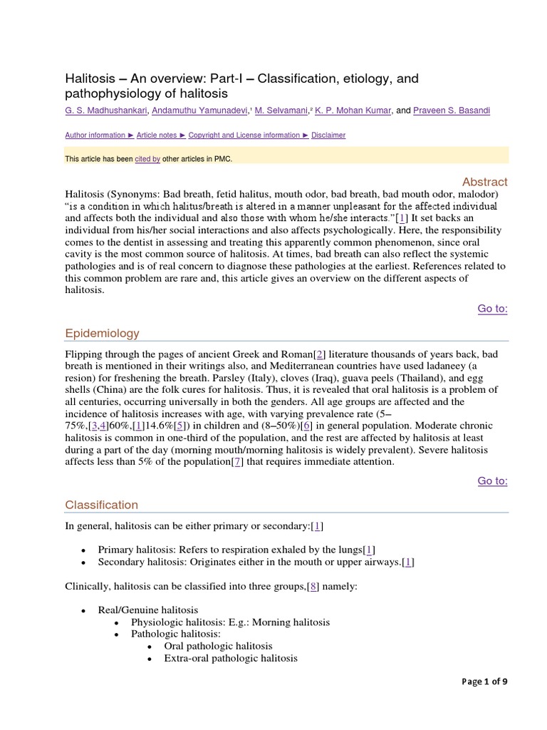 Halitosis - An Overview: Part-I - Classification, Etiology, and ...