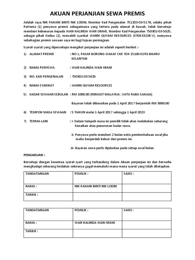Akuan Perjanjian Sewa Premis | PDF