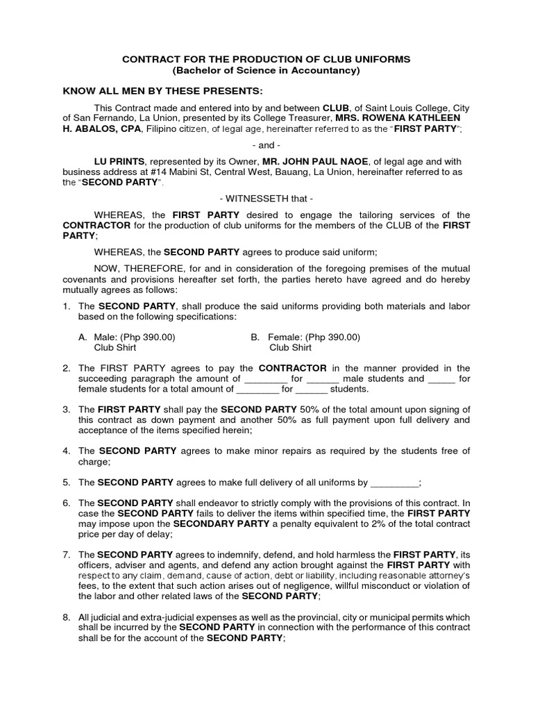 Contract For The Production of Club Uniforms (Bachelor of Science in ...