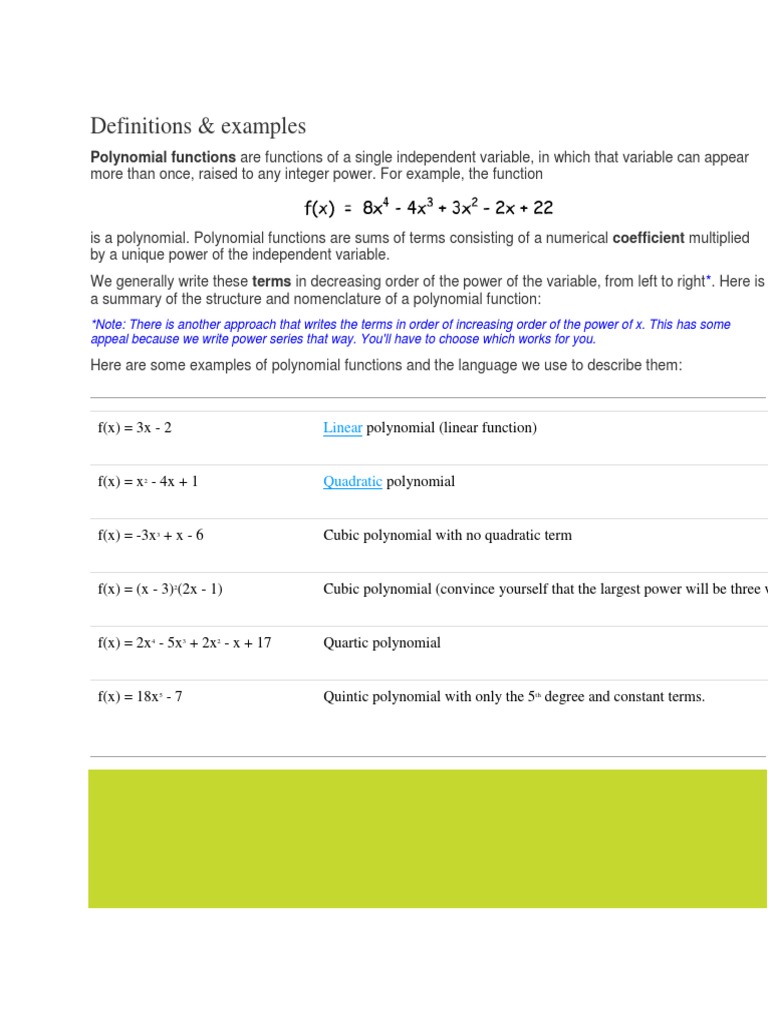 Definitions & Examples: Polynomial Functions | PDF | Polynomial | Zero ...