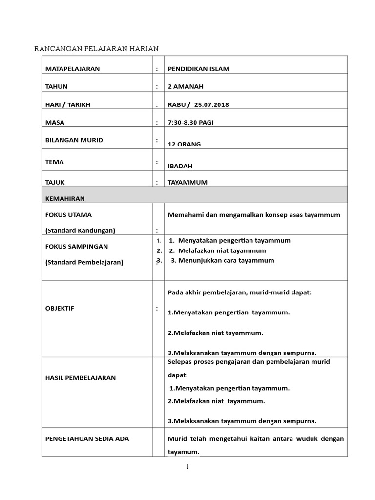 RPH (Tayammum) Minggu 8 | PDF