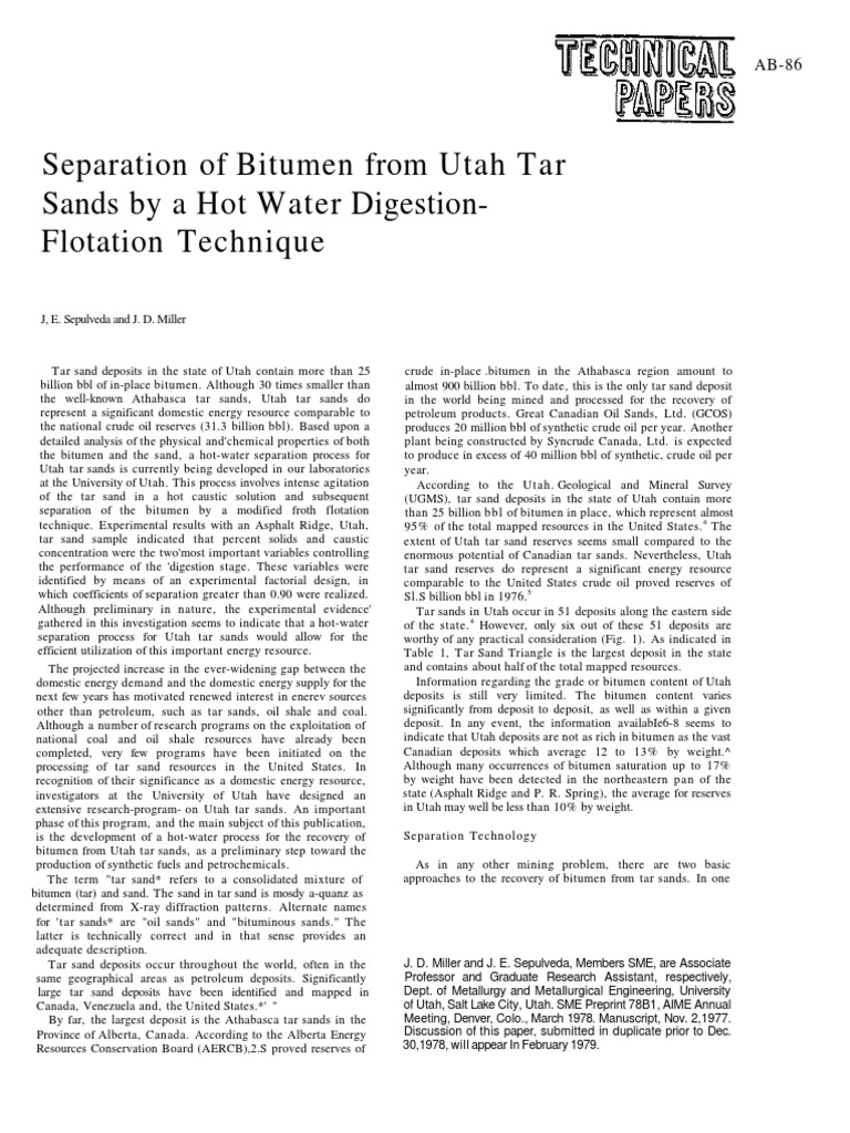 Separation of Bitumen From Utah Tar Sands by A Hot Water Digestion ...