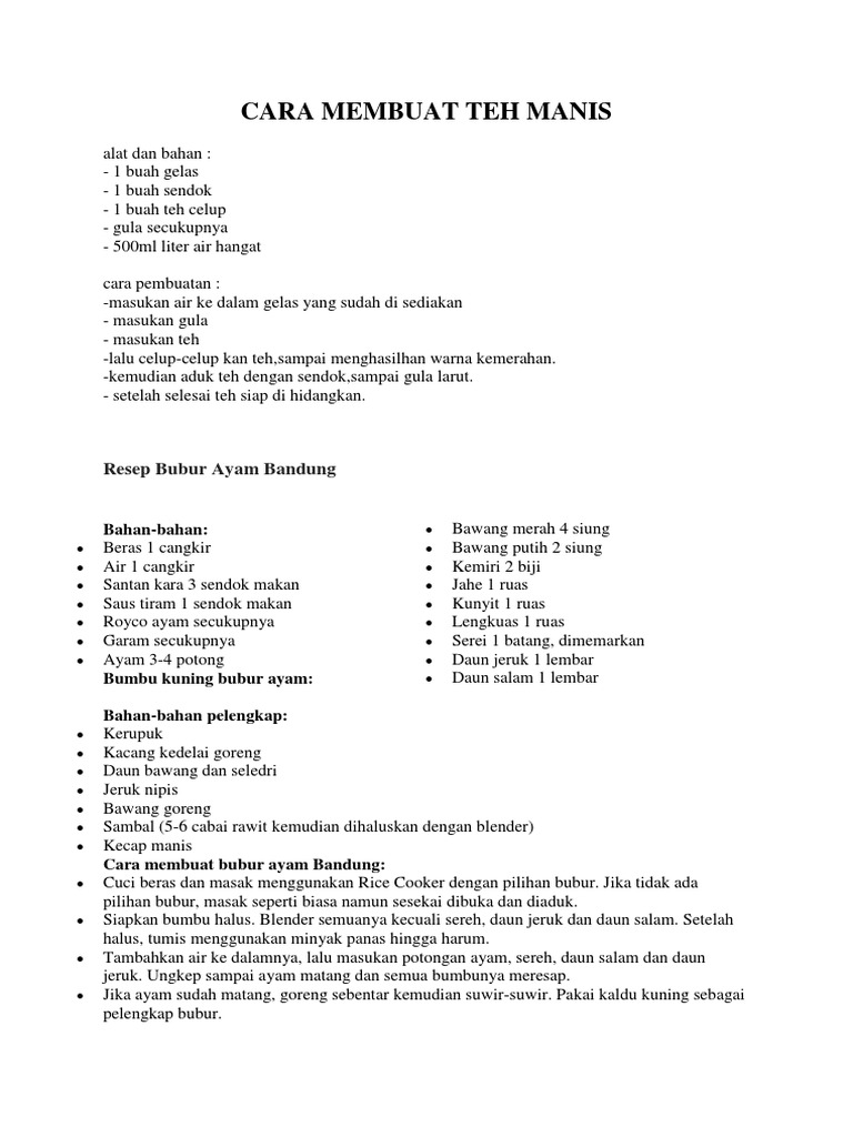 Cara Membuat Teh Manis Teks Prosedur | PDF | Memasak, Makanan, & Anggur