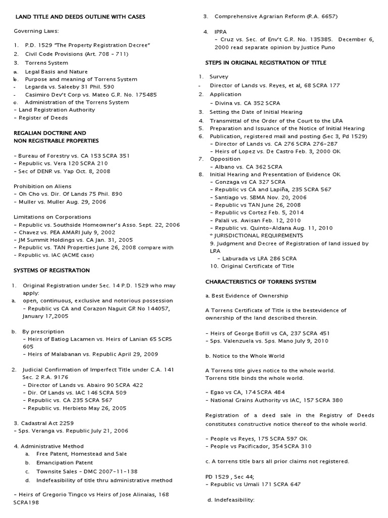 OUTLINE LAND TITLE AND DEEDS Revised 2 | PDF | Title (Property) | Legal ...