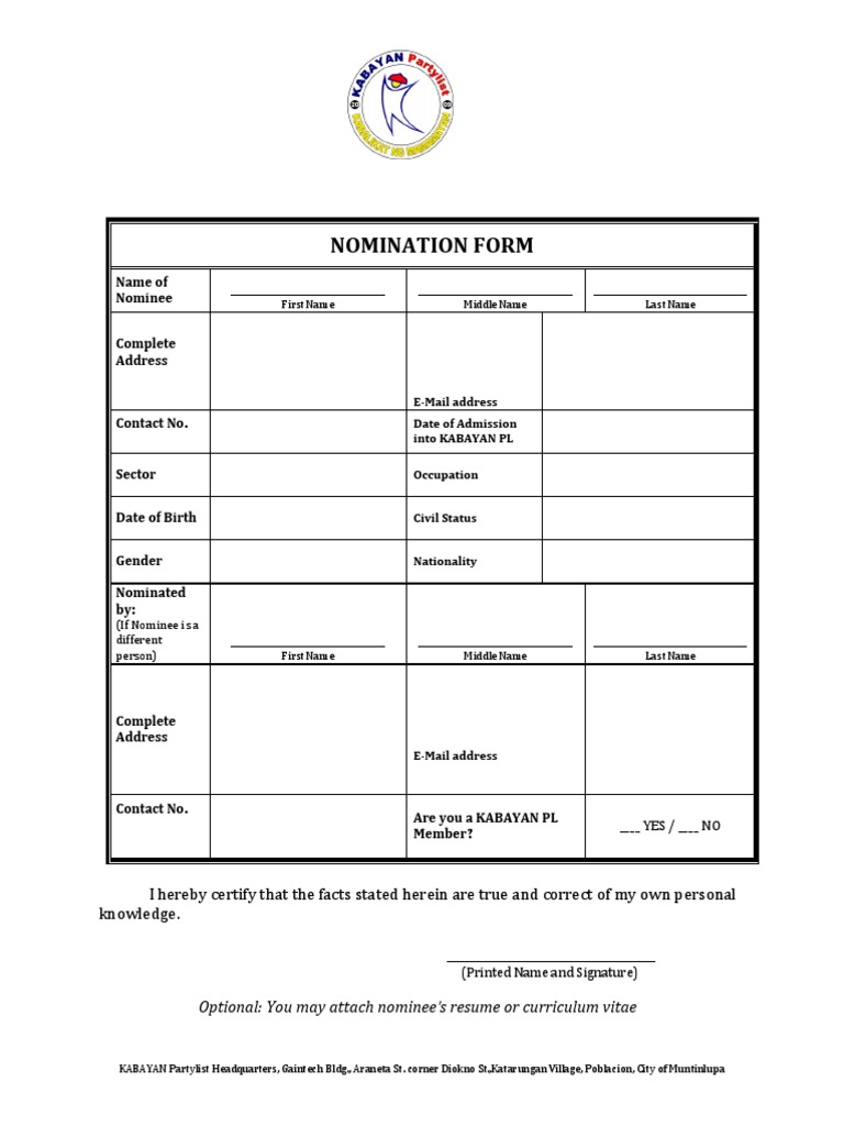 Nomination Form: Name of Nominee Complete Address | PDF