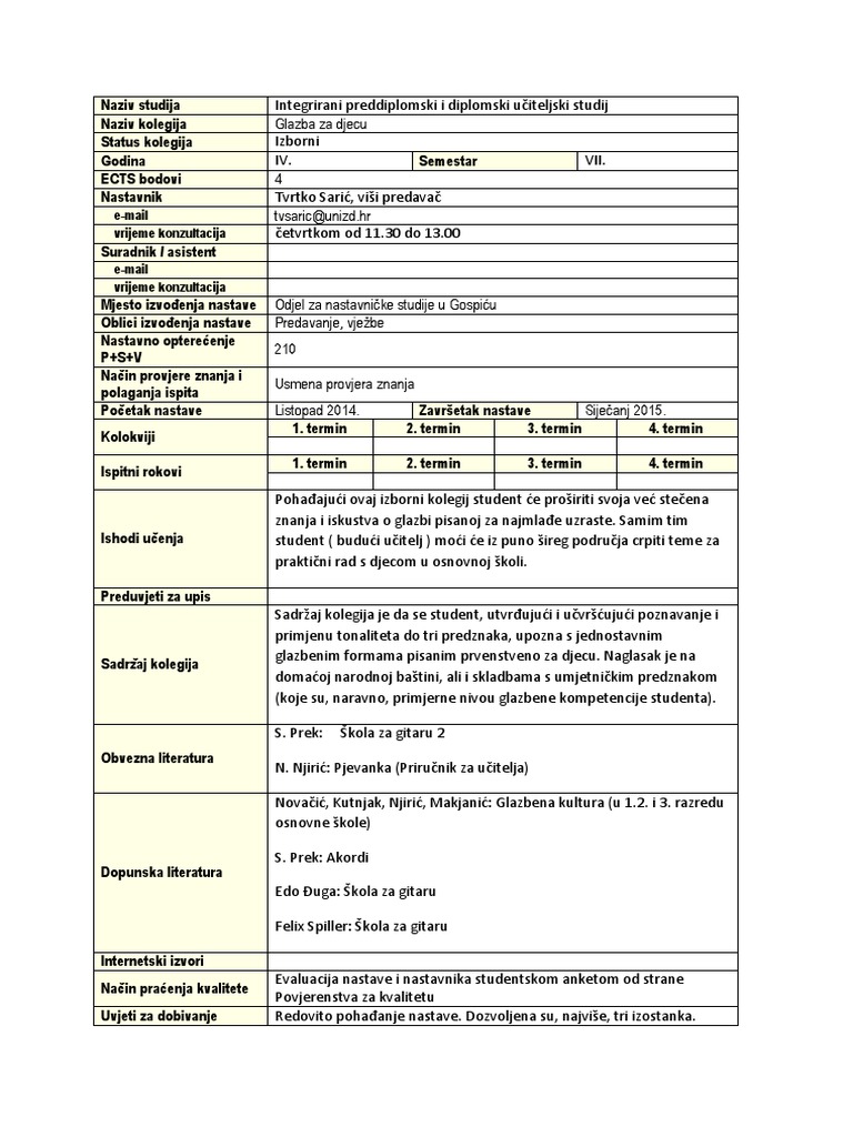 Glazba Za Djecu - Izvedbeni Plan PDF | PDF