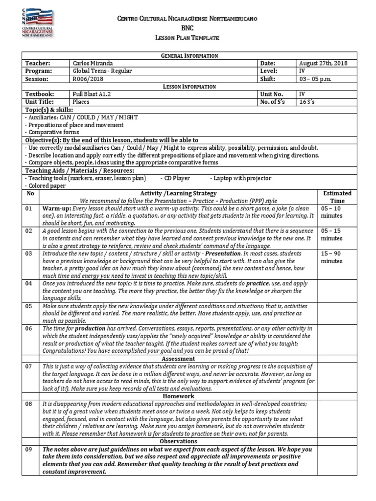 Lesson Plan Template - Sept. 2018 | PDF | Homework | Knowledge
