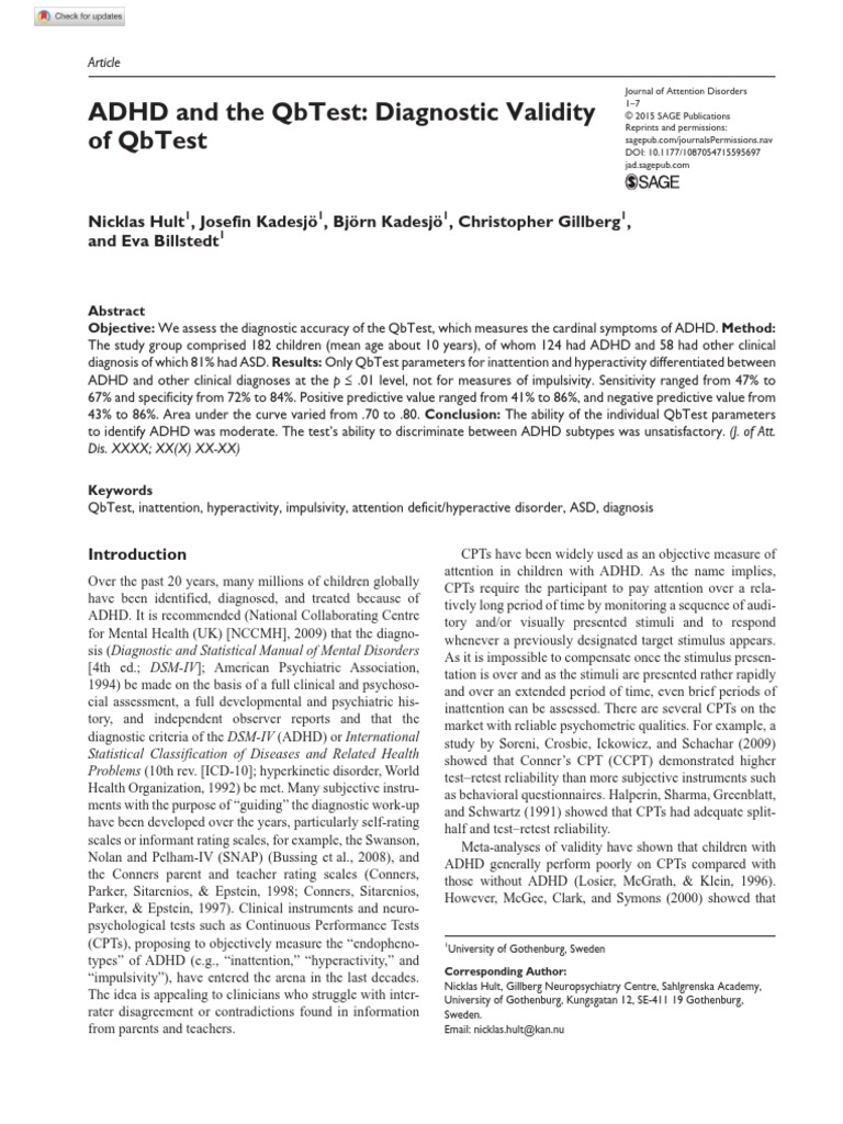Adhd and The Qbtest: Diagnostic Validity of Qbtest | PDF | Attention ...
