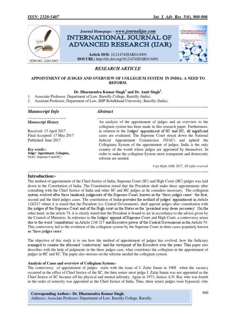 An Analysis of the Evolution of the Collegium System for Appointment of ...