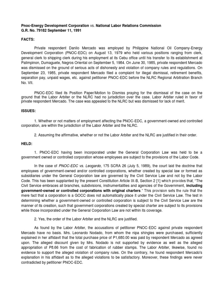 PNOC-EDC vs. NLRC: Dismissal Case Analysis | PDF | Arbitration ...