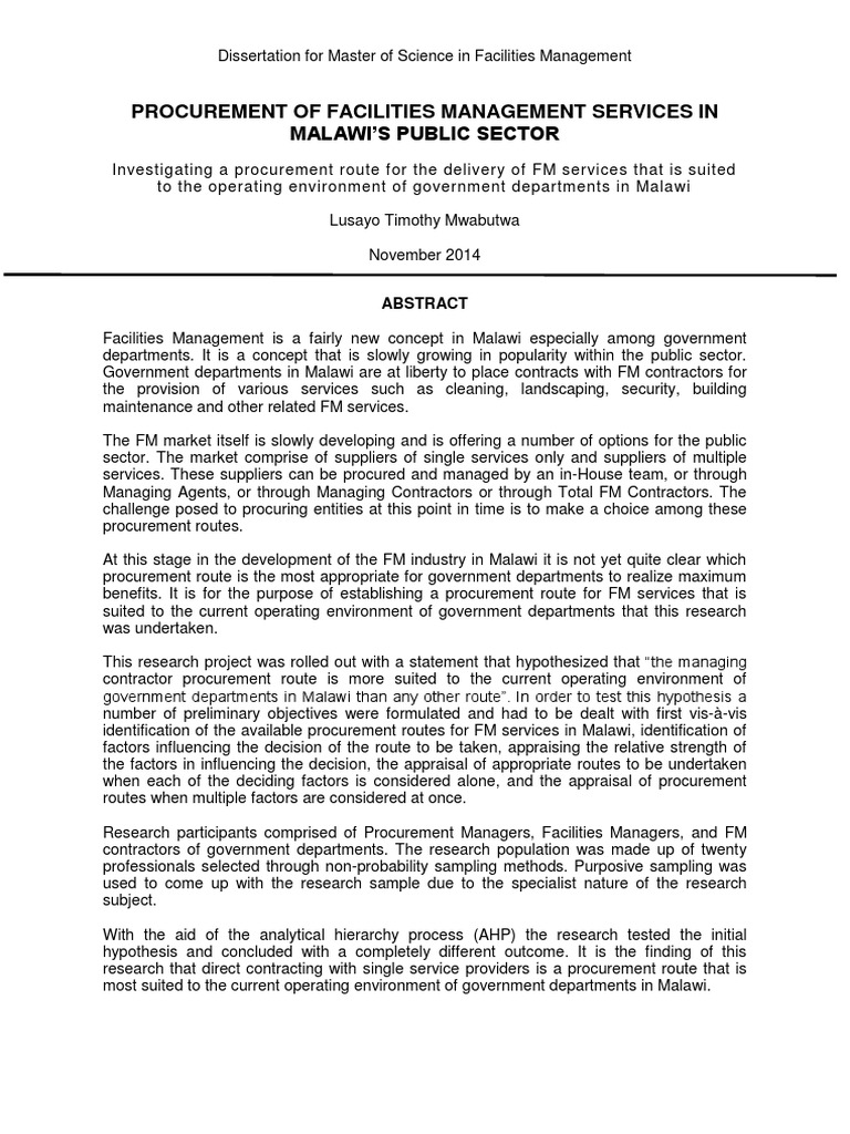Abstract - PROCUREMENT OF FACILITIES MANAGEMENT SERVICES IN MALAWI'S ...