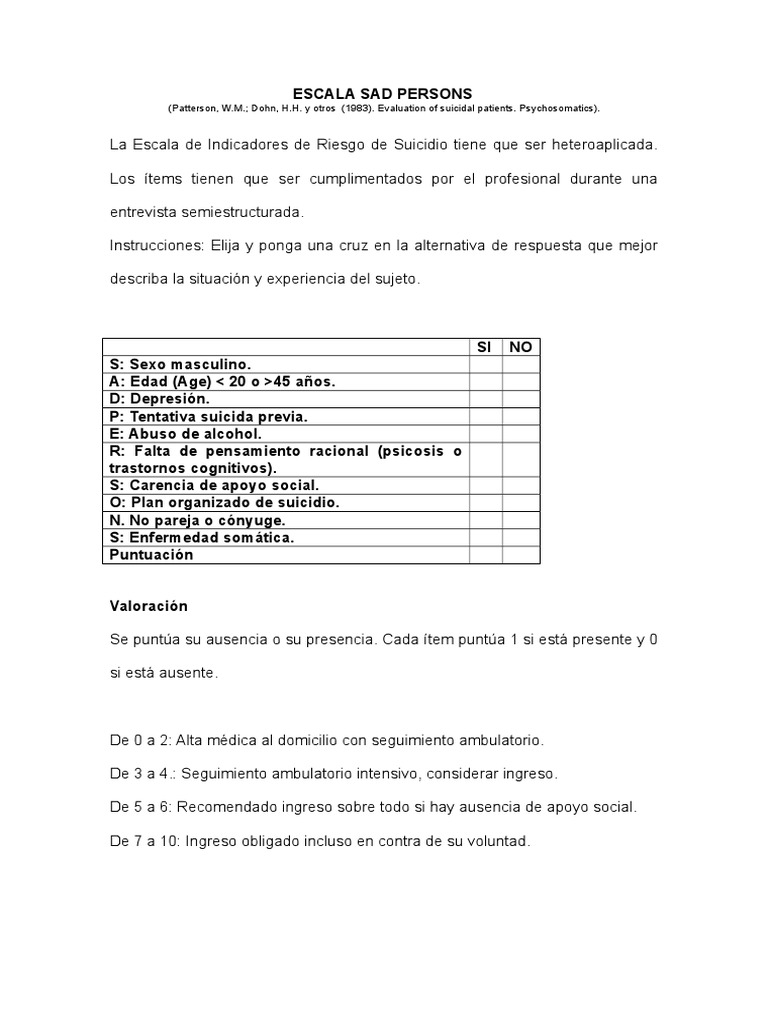 Escala Sad Person de Paciente Suicida | PDF | Relaciones personales ...