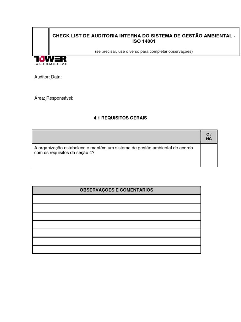 Check List Gestao Ambiental Iso 14001 | PDF | Gestão de recursos ...