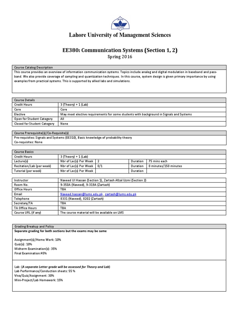 Lahore University Of Management Sciences Ee380 Communication Systems Section 1 2 Pdf