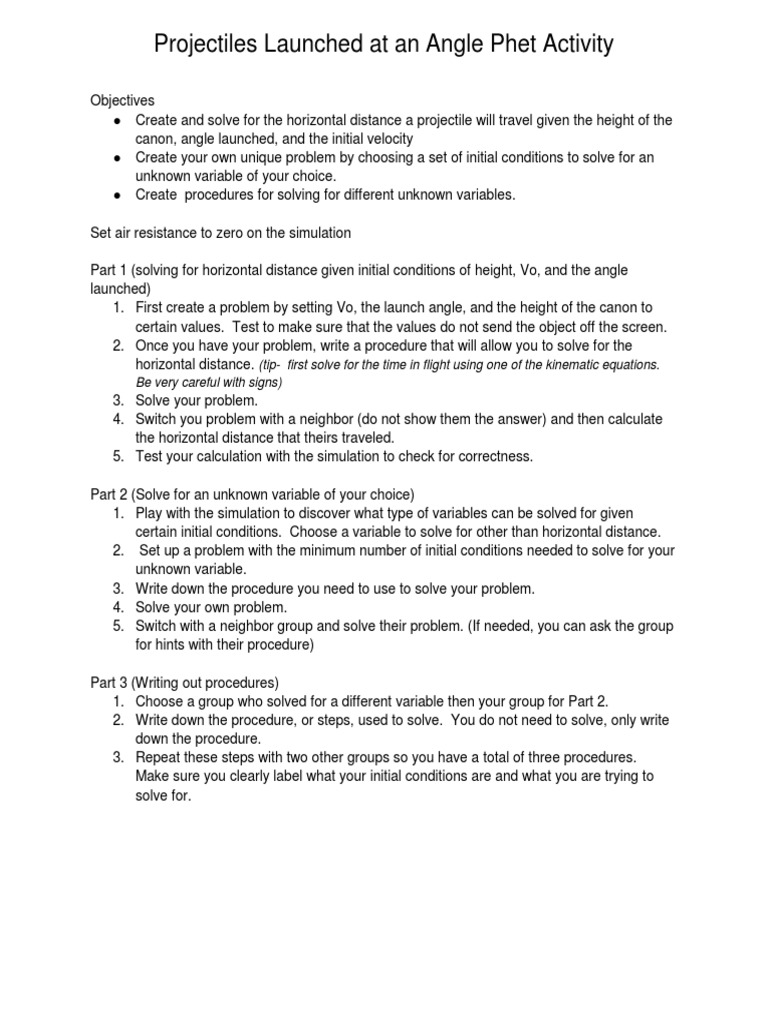 Phet Projectile Motion Activity | PDF