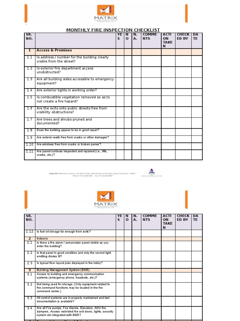 Monthly fire inspection checklist | PDF | Fire Sprinkler System | Ac ...