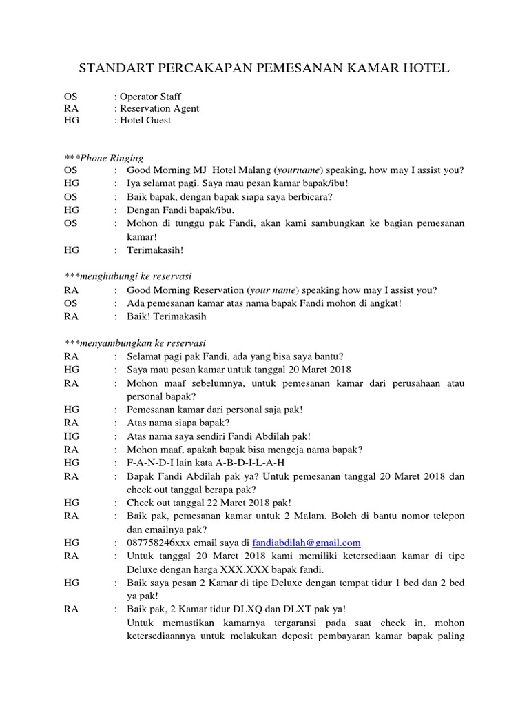 Standar Percakapan Pemesanan Kamar Hotel | PDF